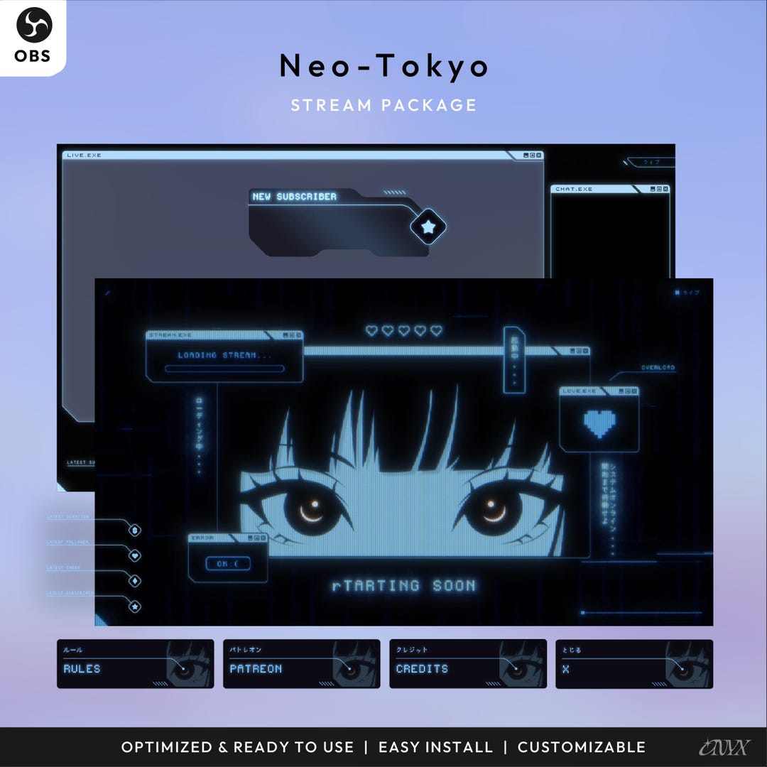 Neo-tokyo, Cyberpunk Anime Twitch Overlay Pack, Neon Blue & Black ...