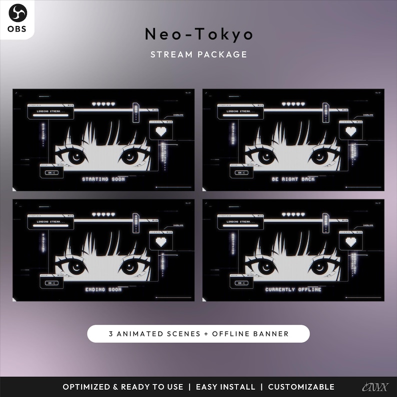 Neo-tokyo, Cyberpunk Anime Twitch Overlay Pack, Neon Black & White ...