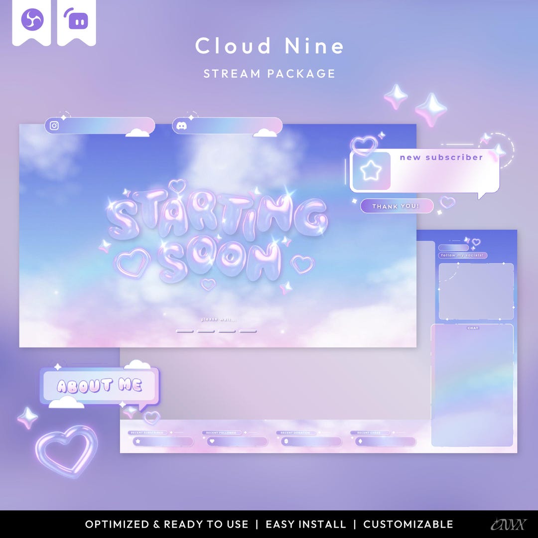 Cloud Nine Pastel Twitch Overlay Pack, Kawaii Animated Stream Package ...