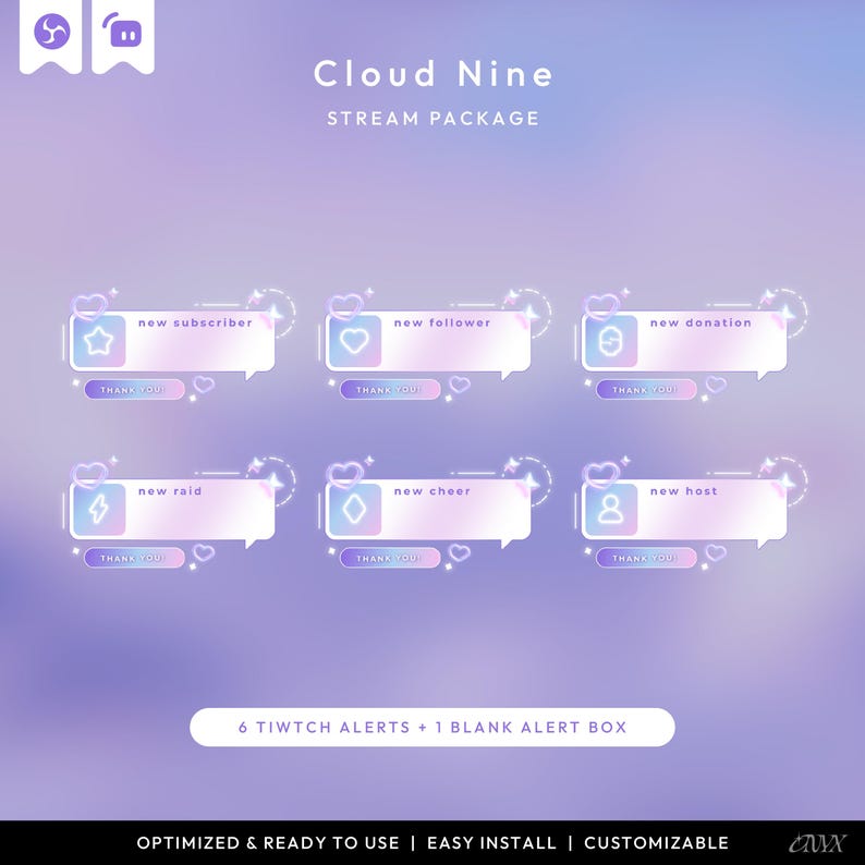Cloud Nine Pastel Twitch Overlay Pack, Kawaii Animated Stream Package ...