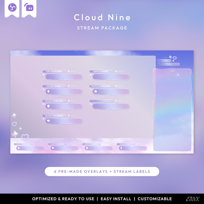 Cloud Nine Pastel Twitch Overlay Pack, Kawaii Animated Stream Package ...