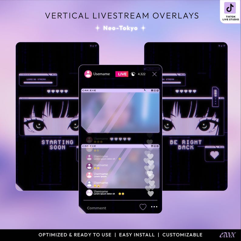 Neo-tokyo, Cyberpunk Anime Tiktok Overlay Pack, Neon Purple & Black ...
