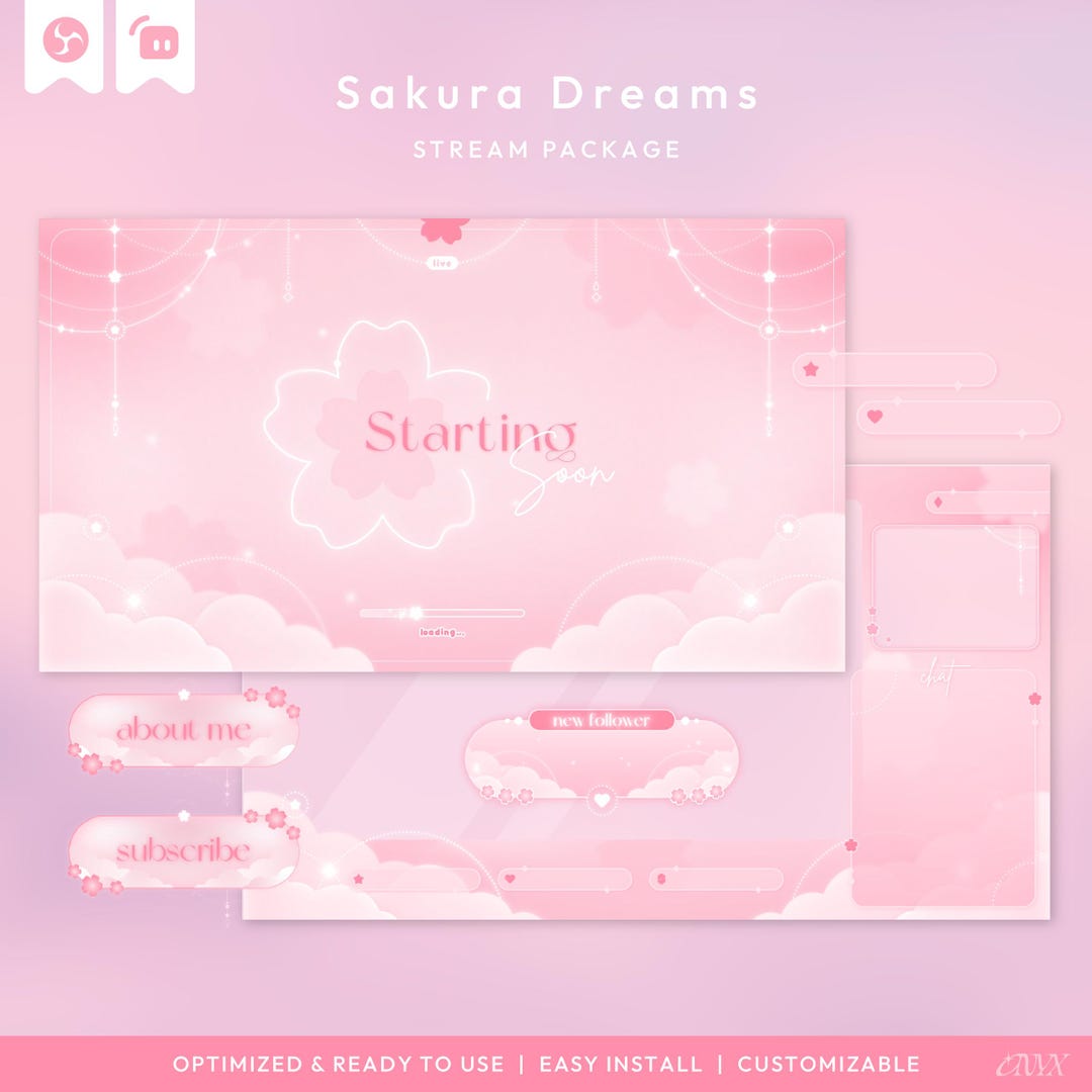 Sakura Dreams Stream Overlay Package, Pink Pastel Twitch Overlays and ...