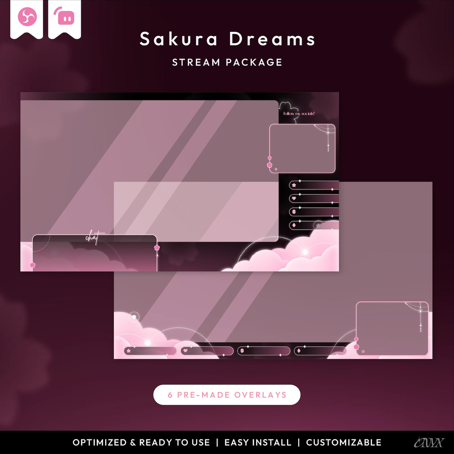 Sakura Dreams Stream Overlay Package, Pink and Black Twitch Overlays and Alerts, Kawaii Cherry ...