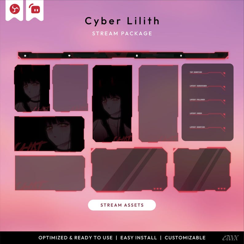Cyber Lilith Stream Package | Anime Twitch Overlay Pack | Cyberpunk ...
