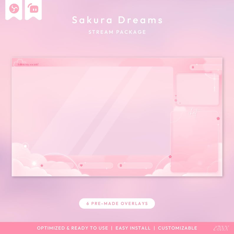 Sakura Dreams Stream Overlay Package, Pink Pastel Twitch Overlays and ...