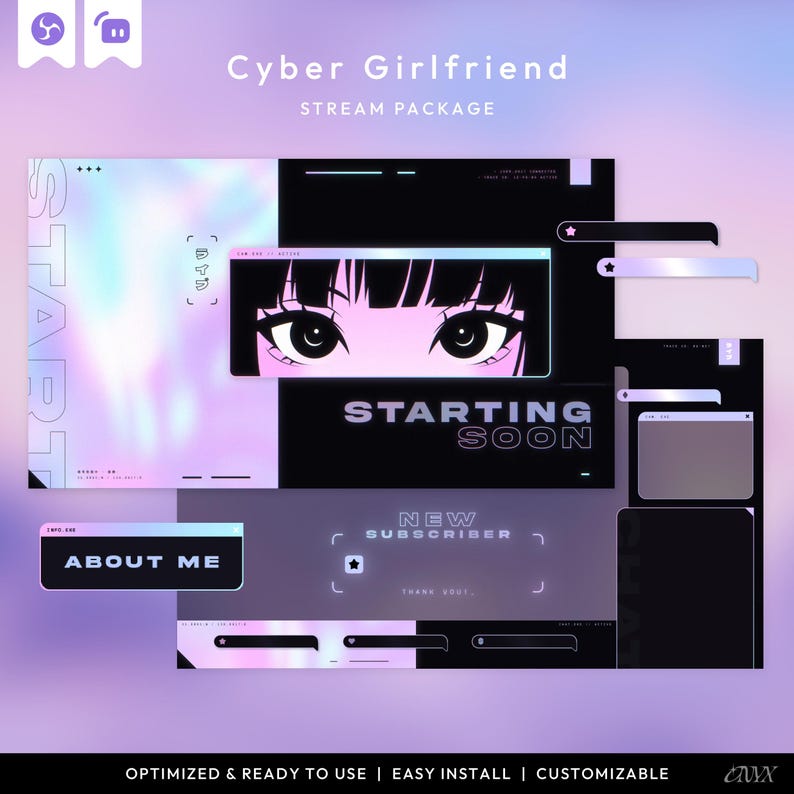 Cyber Girlfriend, Cyberpunk Anime Twitch Overlay Pack, Neon Pastels ...