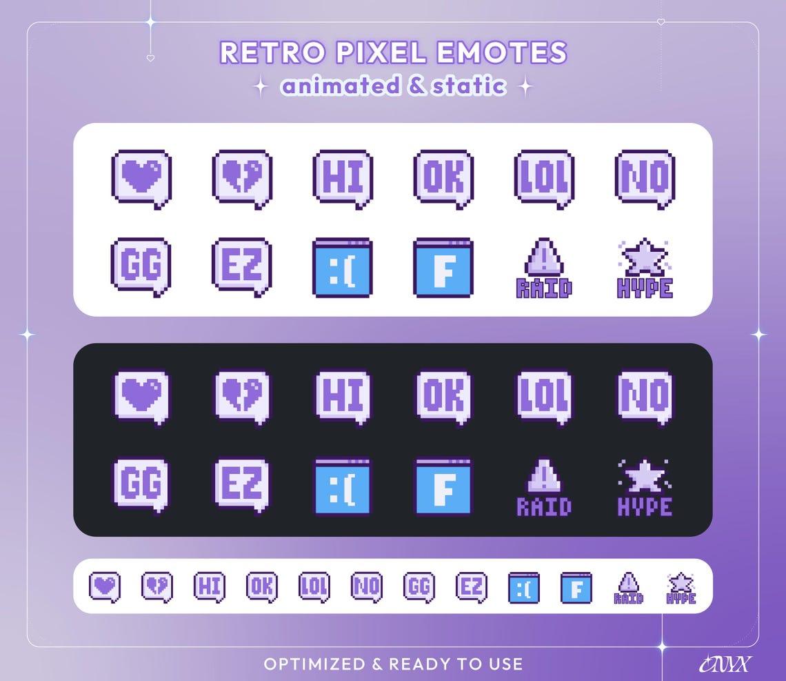 Purple Pixel Twitch Animated Emotes Pack, 12 Retro Animated & Static ...