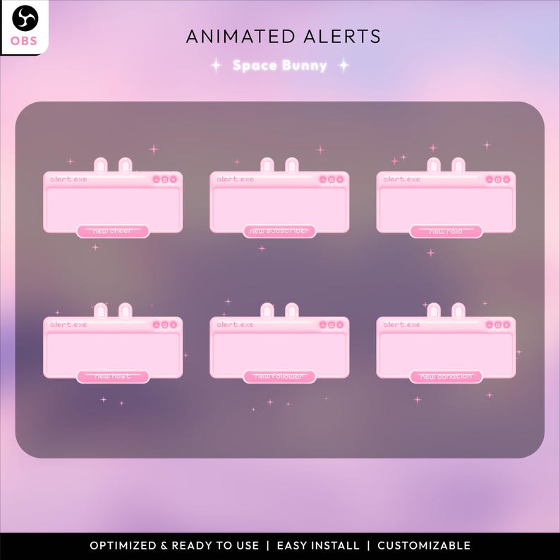 Pink Space Bunny | Animated Alerts Pack for Twitch | Cute Pastel Twitch ...