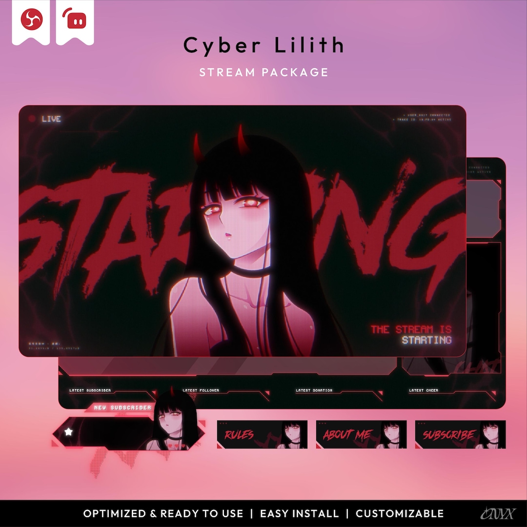 Cyber Lilith Stream Package | Anime Twitch Overlay Pack | Cyberpunk ...