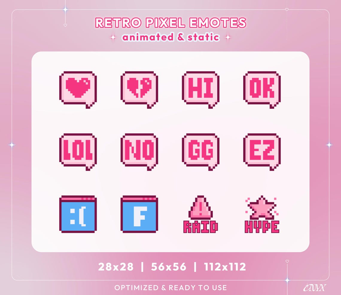 Pink Pixel Twitch Animated Emotes Pack, 12 Retro Animated & Static ...