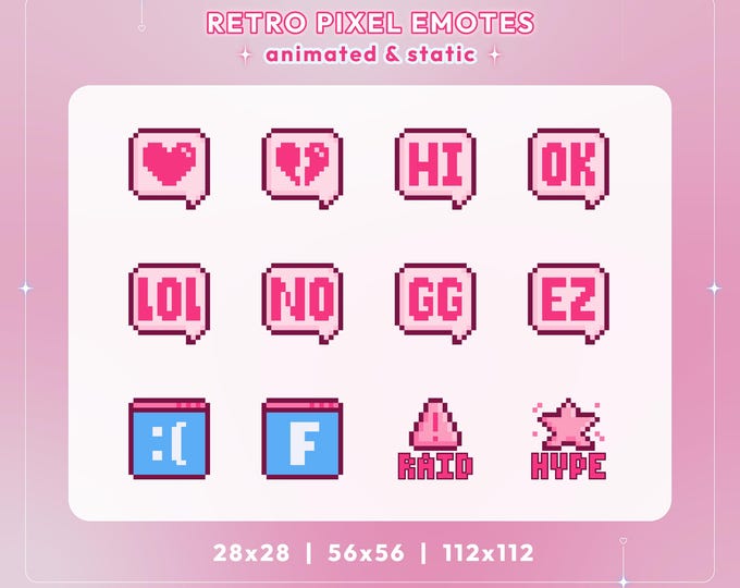 Pink Pixel Twitch Animated Emotes Pack, 12 Retro Animated & Static ...