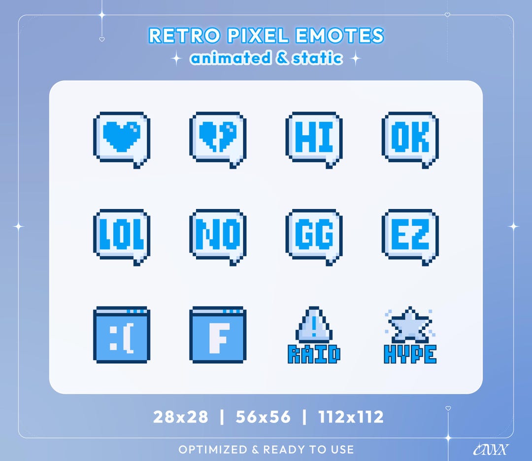 Blue Pixel Twitch Animated Emotes Pack, 12 Retro Animated & Static ...