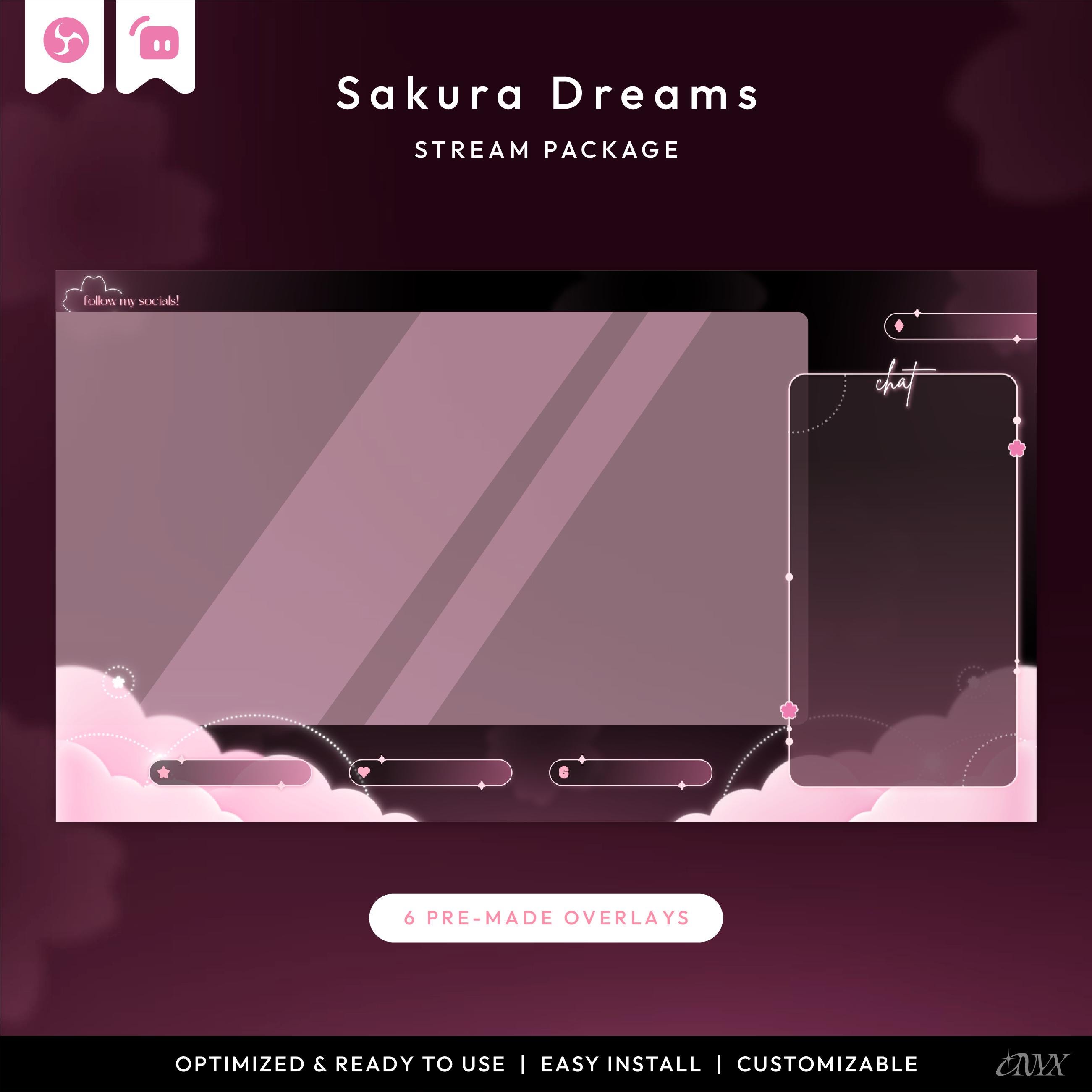 Sakura Dreams Stream Overlay Package, Pink and Black Twitch Overlays ...