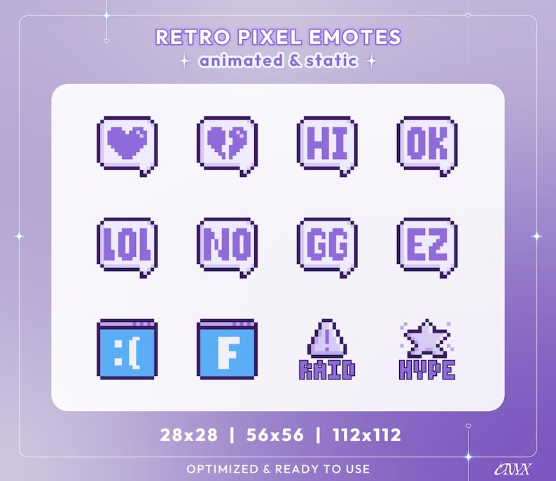 Purple Pixel Twitch Animated Emotes Pack, 12 Retro Animated & Static ...