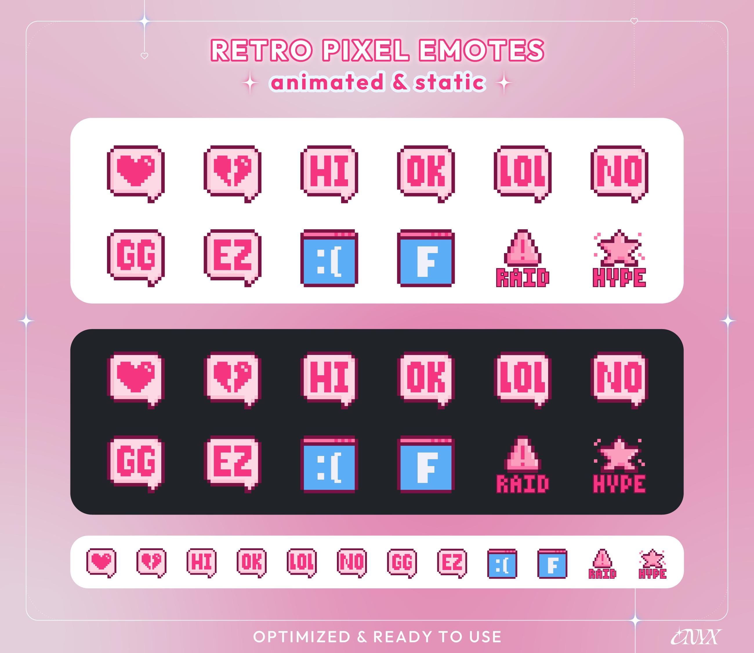 Pink Pixel Twitch Animated Emotes Pack, 12 Retro Animated & Static ...