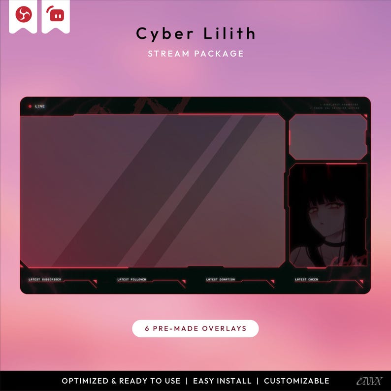 Cyber Lilith Stream Package | Anime Twitch Overlay Pack | Cyberpunk ...
