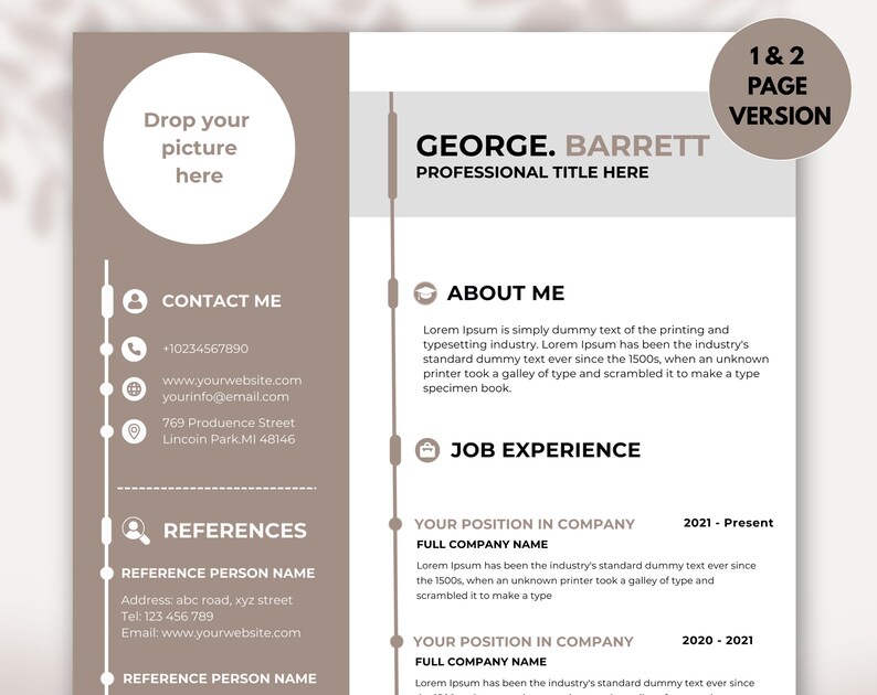 Editable Canva Resume Template | 1 and 2 Page CV, Cover Letter ...