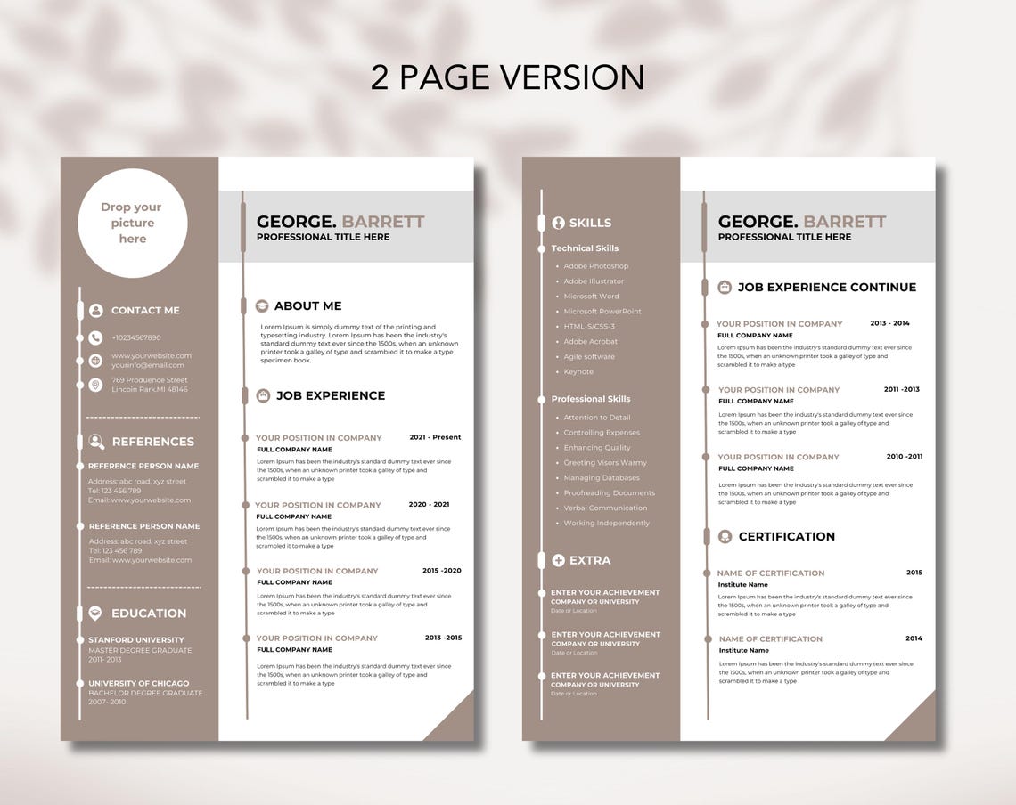 Editable Canva Resume Template | 1 and 2 Page CV, Cover Letter ...