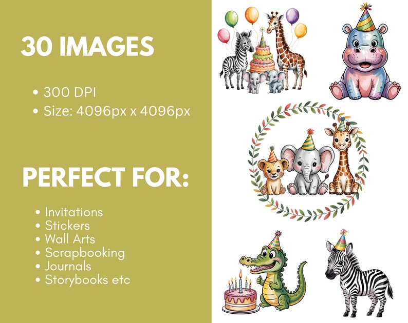 Safari Animals Birthday Clipart: Watercolor Jungle Party (commercial ...