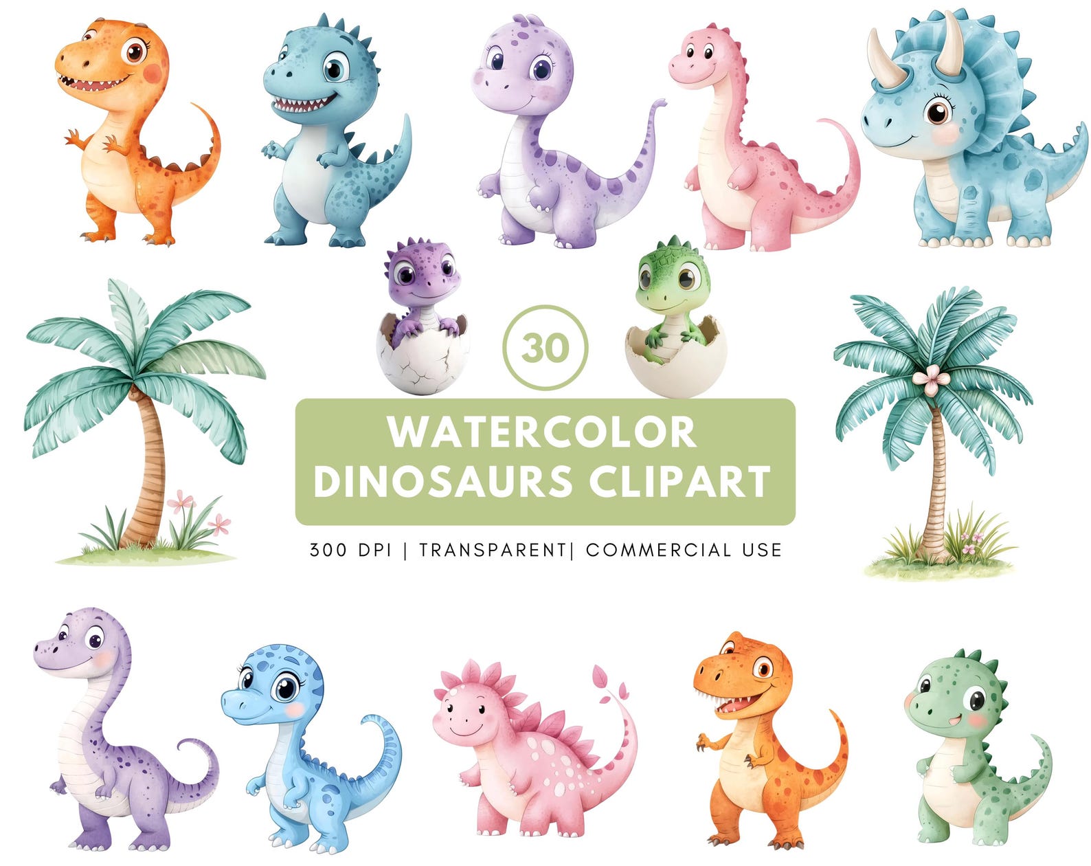Cute Watercolor Baby Dinosaur Clipart – 30 PNG Dino Images for Birthday ...