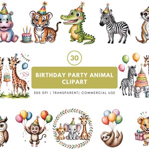 Safari Animals Birthday Clipart: Watercolor Jungle Party (commercial ...