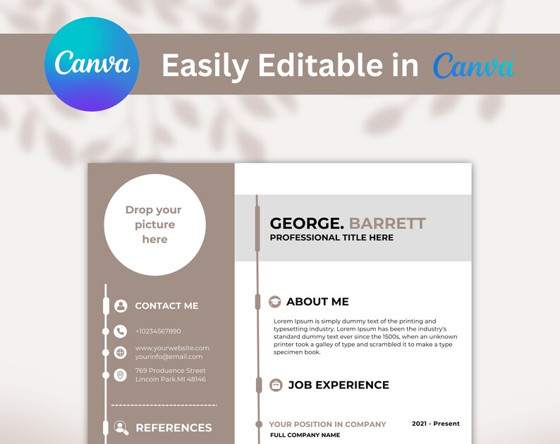 Editable Canva Resume Template | 1 and 2 Page CV, Cover Letter ...