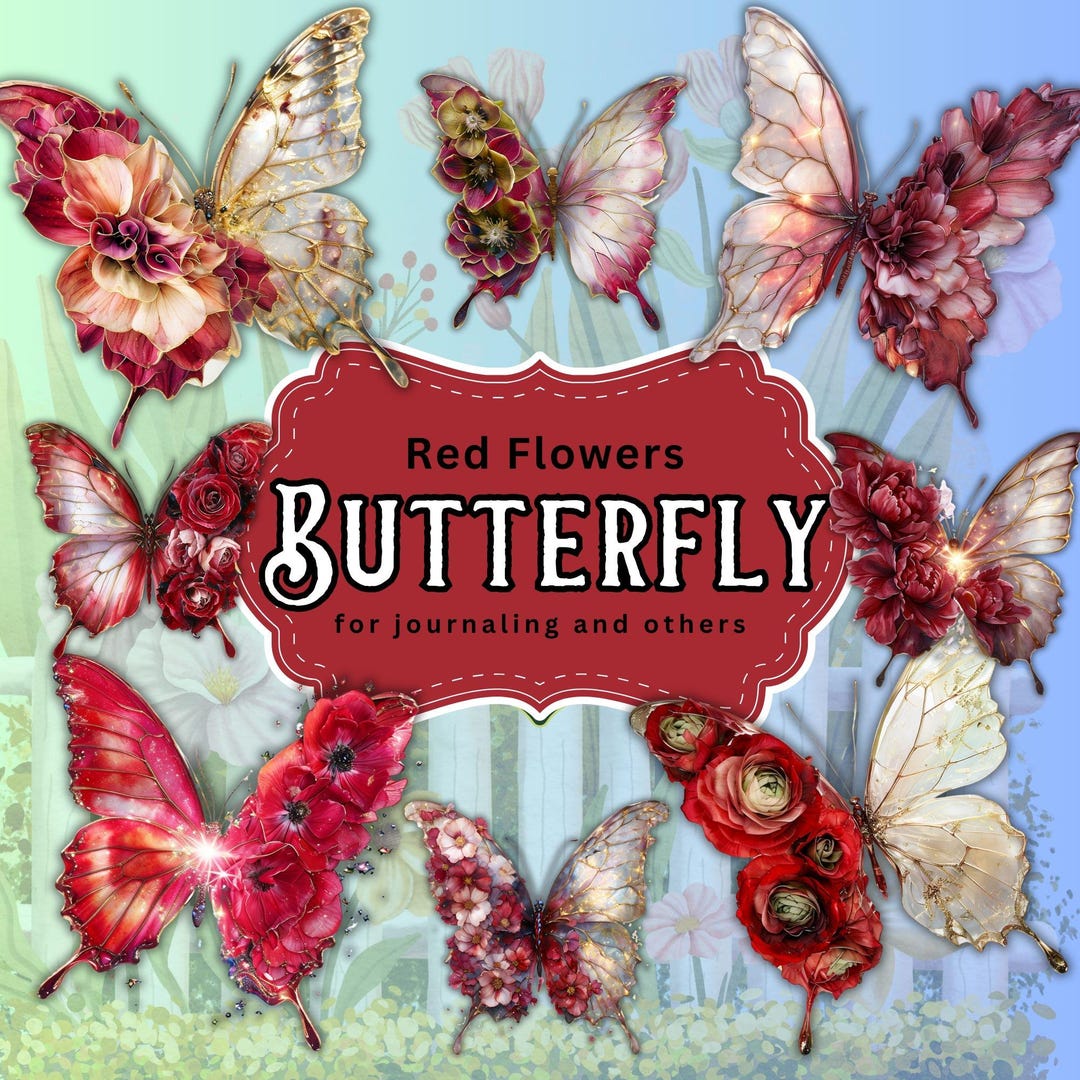 Red Flower Butterfly Clipart, 18 Pngs for Junk Journal Ephemera ...