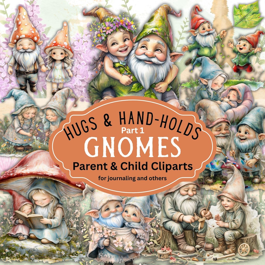 Gnome Parent and Child Clipart Bundle 20 PNG + PDF Whimsical Vintage ...