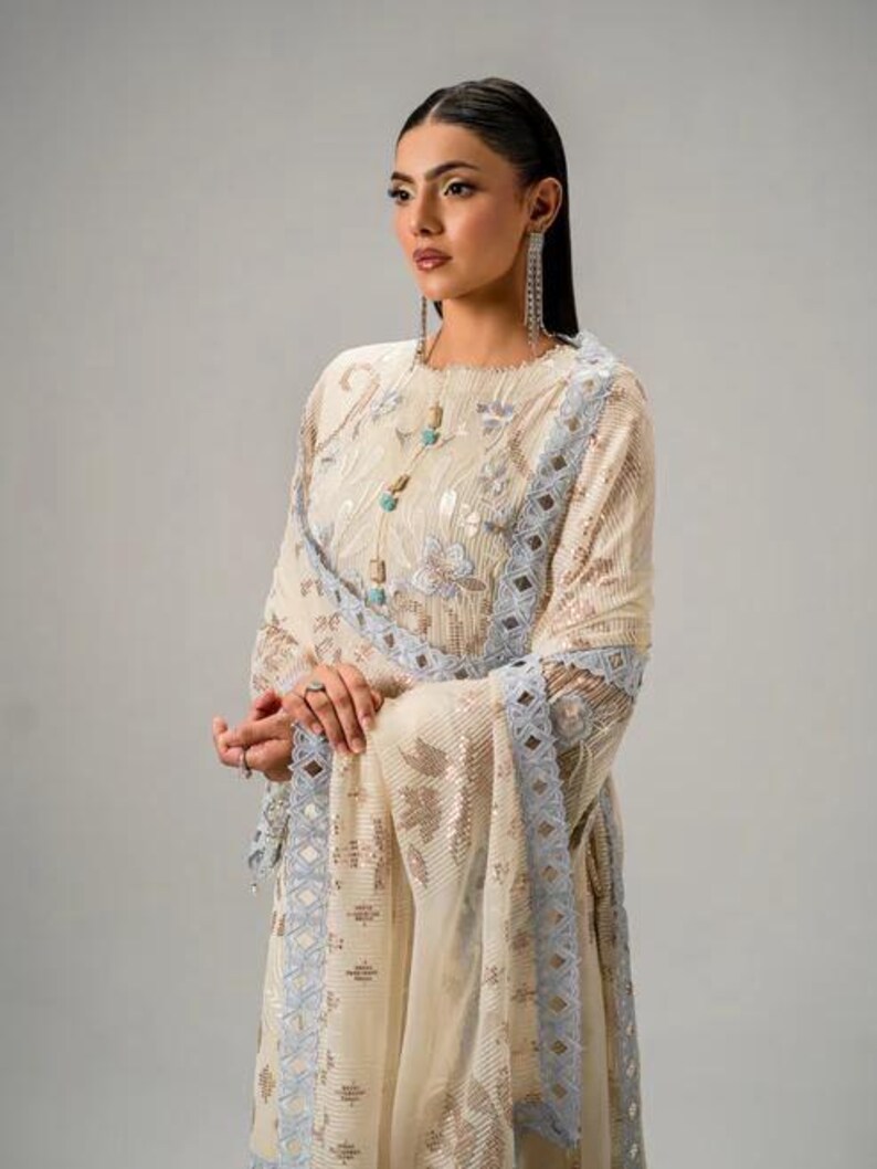 Embroidered Chiffon Pakistani Formal Dress, 3pc Lace Silk Trouser Set ...