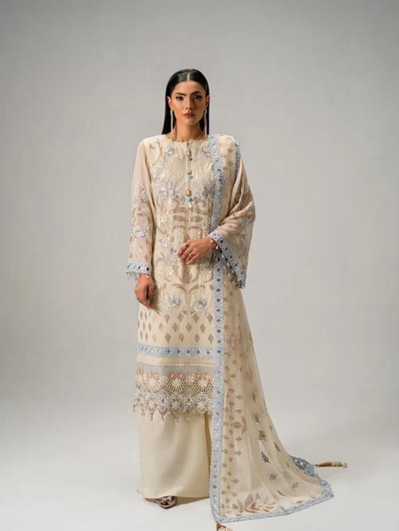 Embroidered Chiffon Pakistani Formal Dress, 3pc Lace Silk Trouser Set ...