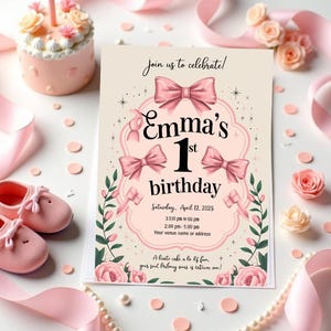 Bow 1st Birthday Invitation Template | Pink Girl Birthday Invite ...