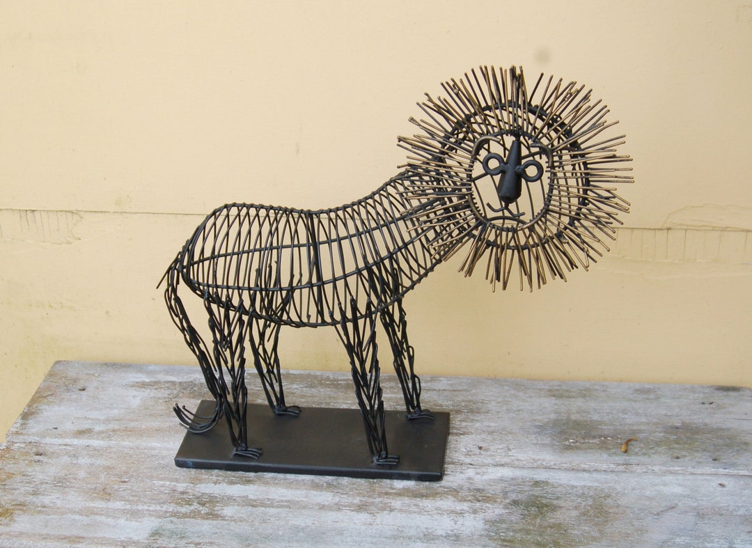 Whimsical Modernist Metal Black Wire Lion W a Gold Painted Wire Mane ...