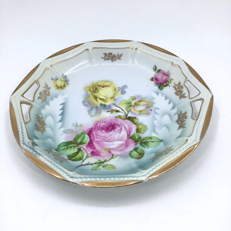 Antique 19th C. P.K. Silesia Porcelain Plate Double Handled Gold Rim ...
