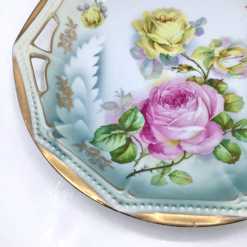 Antique 19th C. P.K. Silesia Porcelain Plate Double Handled Gold Rim ...