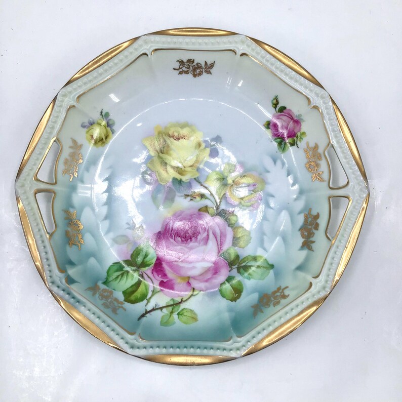 Antique 19th C. P.K. Silesia Porcelain Plate Double Handled Gold Rim ...