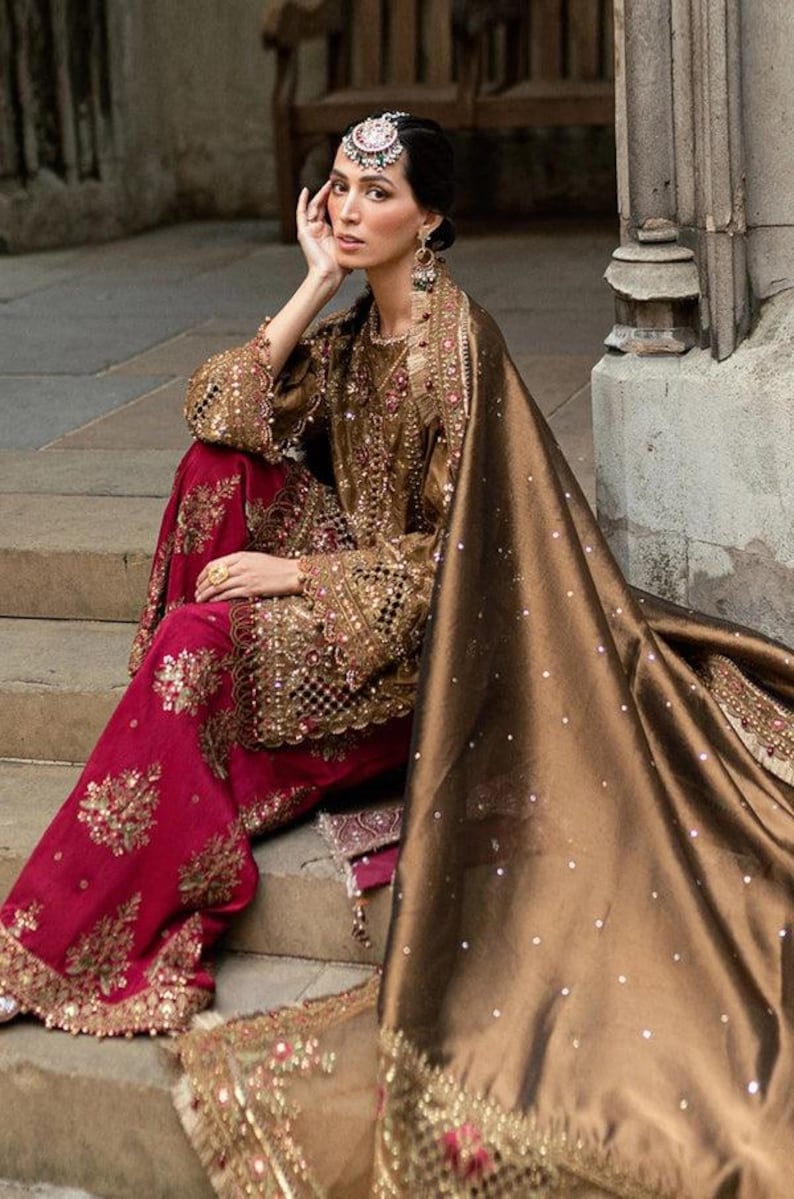 Pakistani Suit: Embroidered Magenta Raw Silk Kurta Salwar Kameez - Zari ...