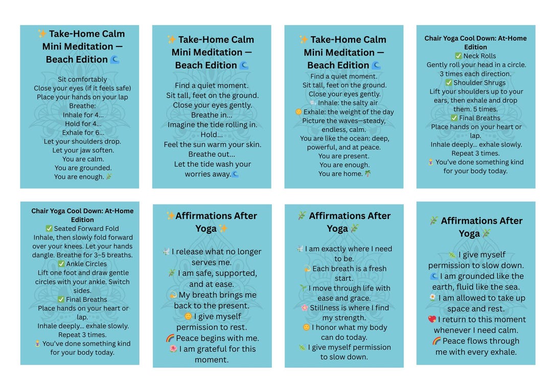 8 After Chair Yoga Cool Down and Calm Session Affirmations Flashcard ...