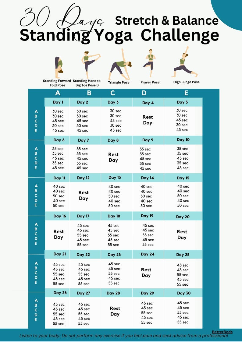 30 Day Standing Yoga Challenge Stretch Balance Printable Home Workout ...