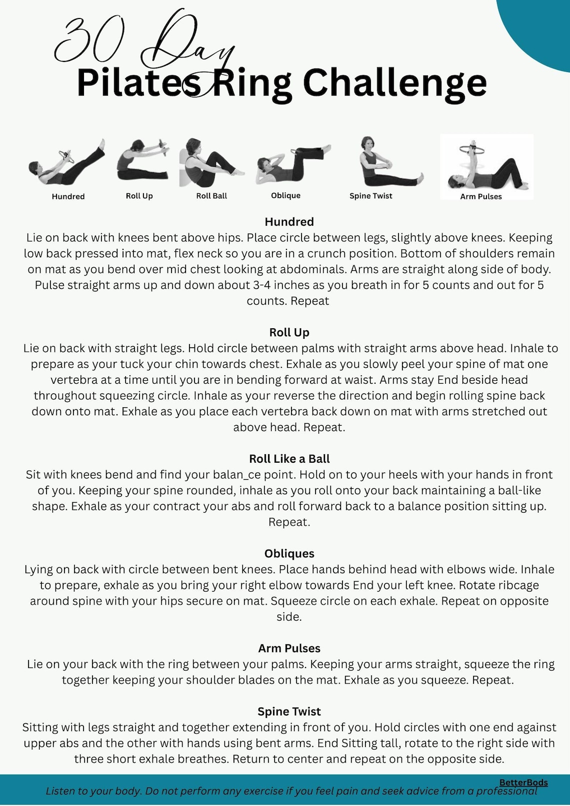 30 Day Pilates Ring Workout Challenge Stretch Balance Printable Home ...