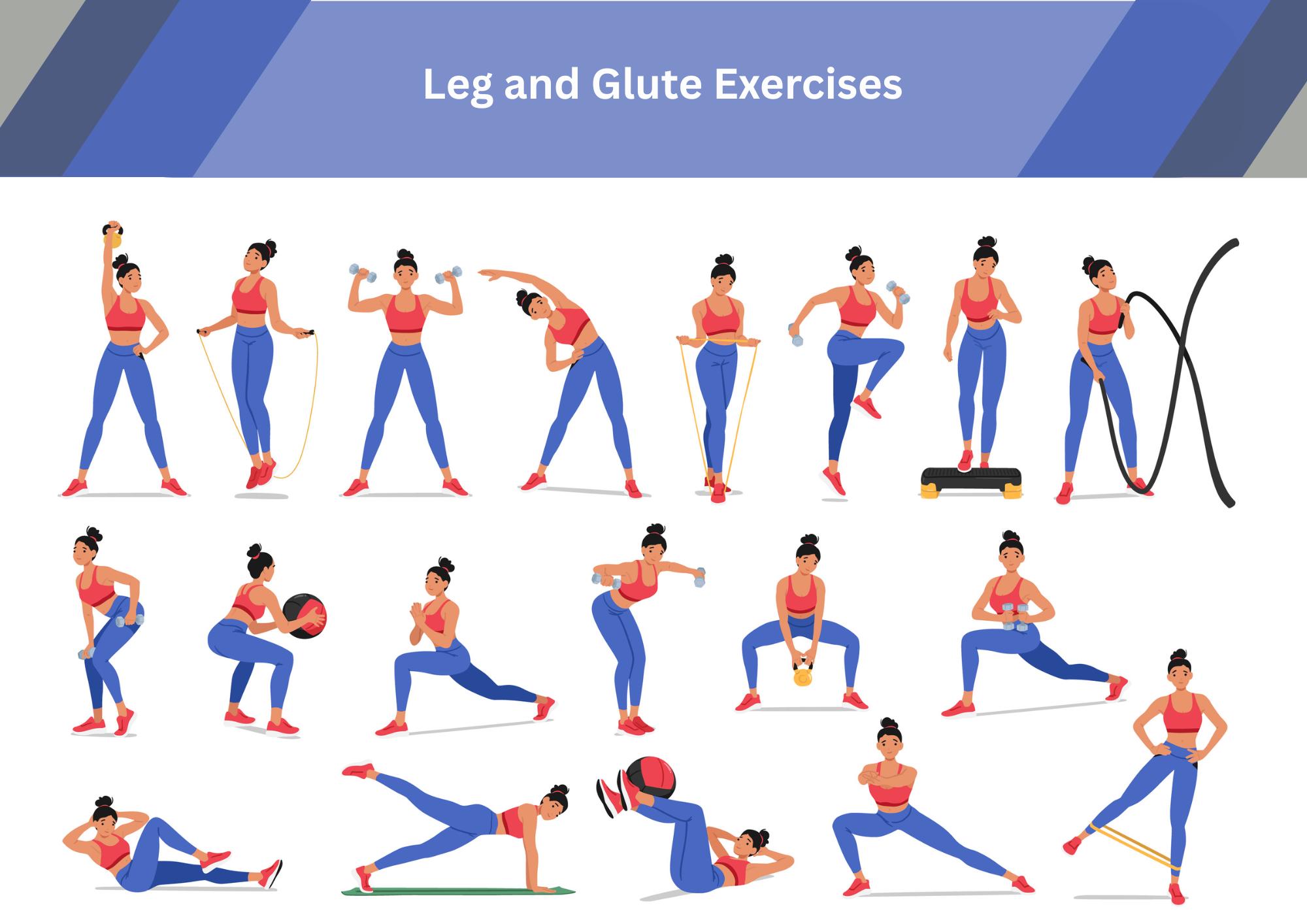 41 Glute Hips and Leg Exercises & Stretches Strengthening Abs Legs Arms ...