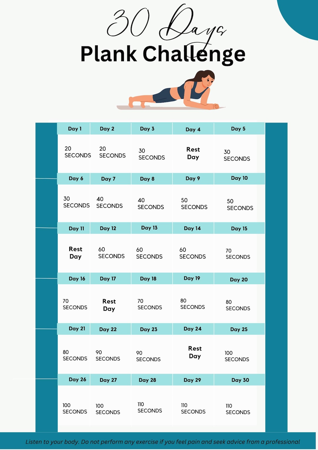 30 Day Plank Challenge Printable Home Workout Physical Therapy ...