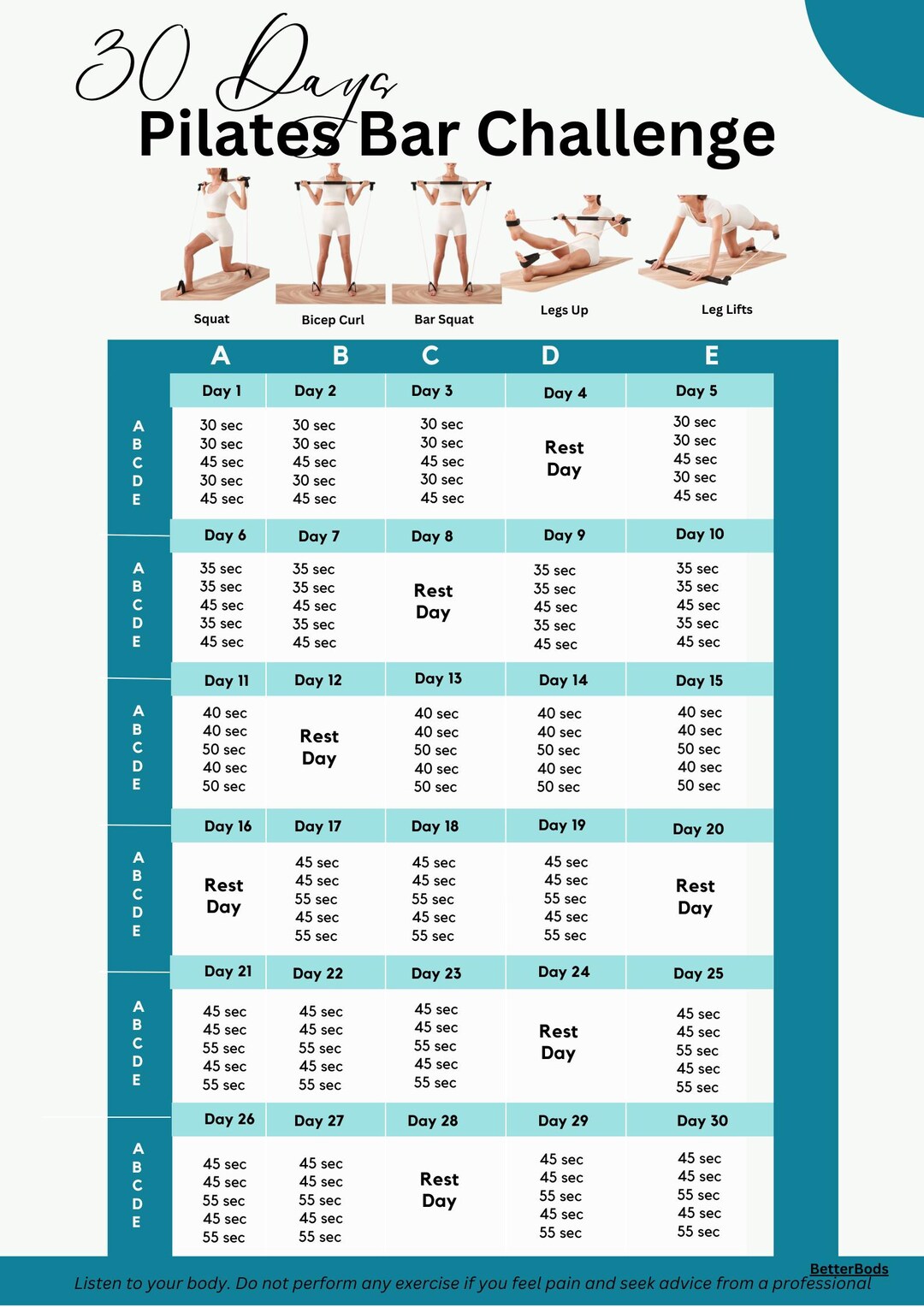 30 Day Pilates Bar Workout Challenge Stretch Balance Printable Home ...