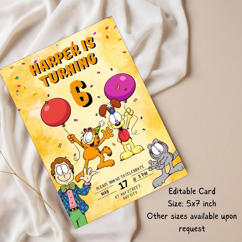 Editable Garfield Birthday Party Invitation Custom Garfield Bday Party ...