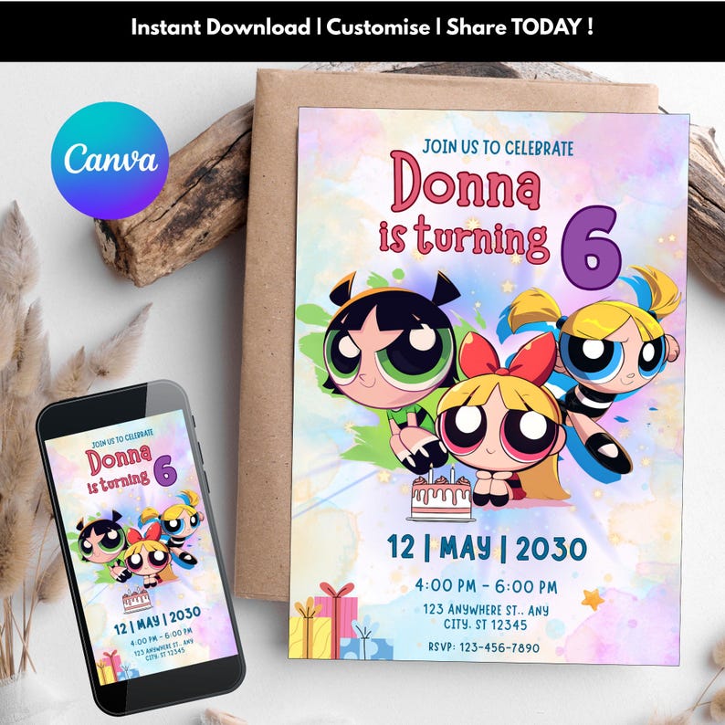 Editable Powerpuff Girls Birthday Invitation Template | Canva Birthday Invitation | Digital Girl ...