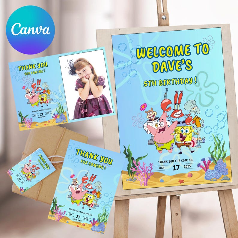 Editable Sponge Birthday Party Welcome Sign Template, Thank You Card ...