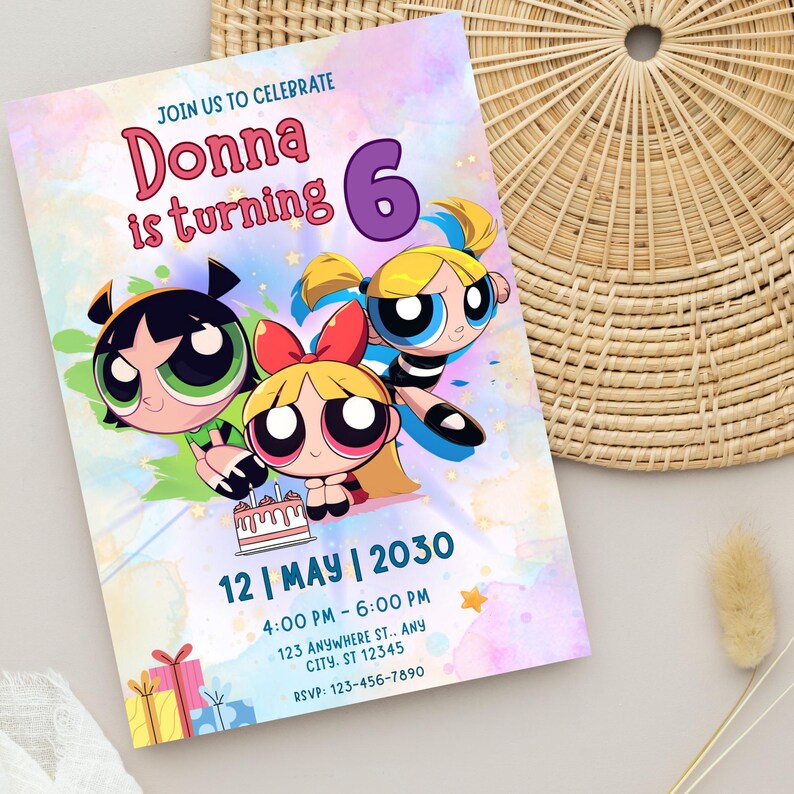 Editable Powerpuff Girls Birthday Invitation Template | Canva Birthday Invitation | Digital Girl ...