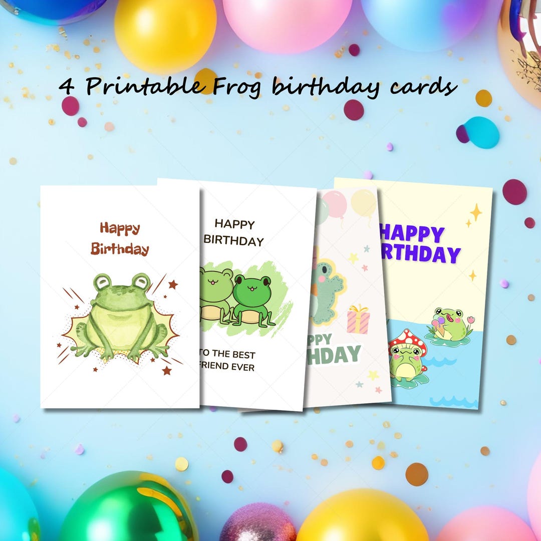 Printable Frog Birthday Card Set 0f 4 Cute Froggy Greeting Bundle 5x7 ...