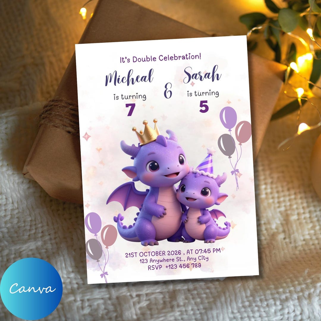Purple Dragon Sibling Birthday Invitation, Customizable Party Invite ...