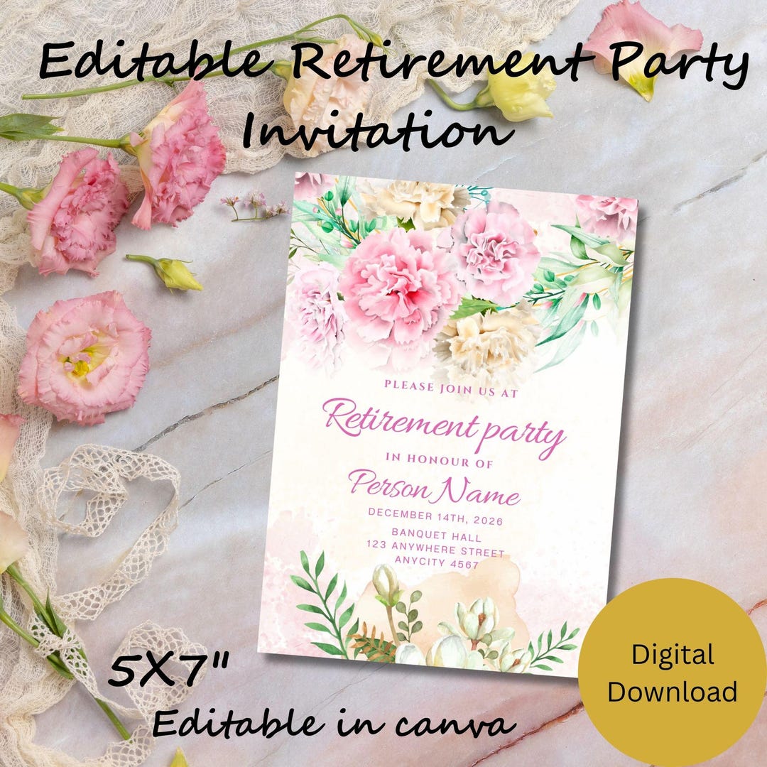 Editable Retirement Party Invitation Template Peony Floral | 5x7" Canva ...